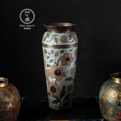 6.11 精 Q组 古董复古VINTAGE 黄铜漆彩花瓶 道具装饰摆件 软装