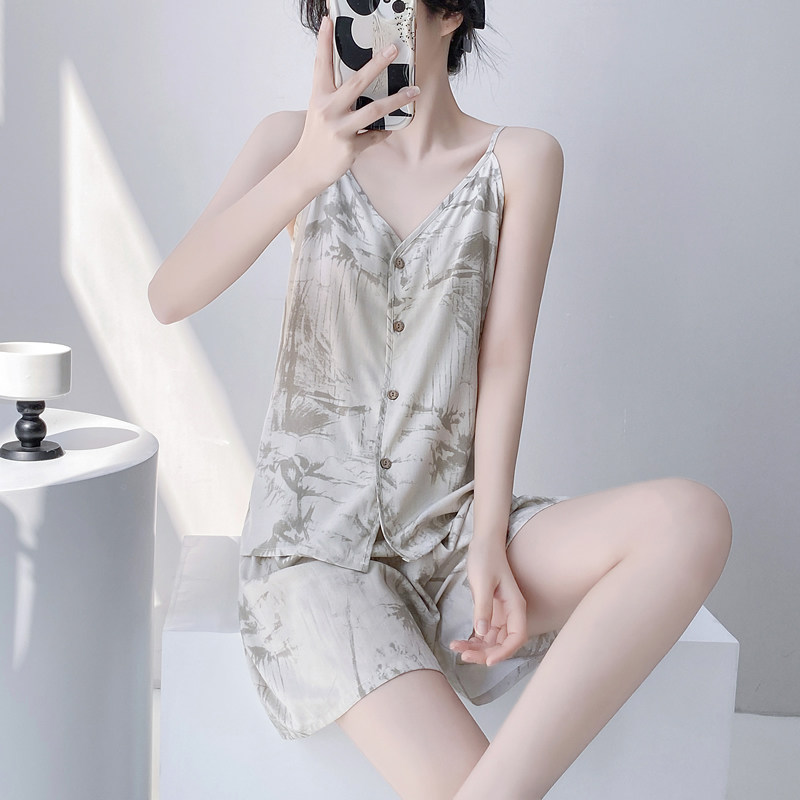 性感吊带棉绸睡衣套装女士夏季甜美人造棉家居服开衫背心短裤绵绸