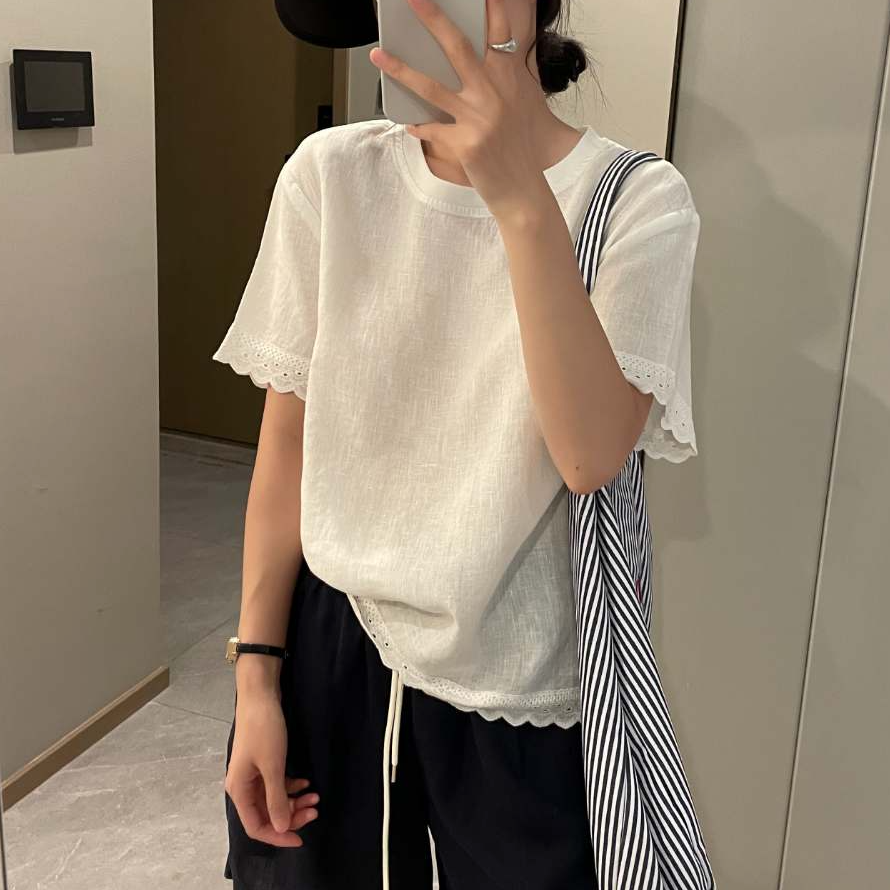 「夏日专属 真100%纯亚麻」蕾丝花边拼接小衫夏简约百搭衬衫H612