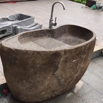 天然鹅卵石头洗手盆庭院花园洗衣池连身洗脸盆室外落地整块洗衣池