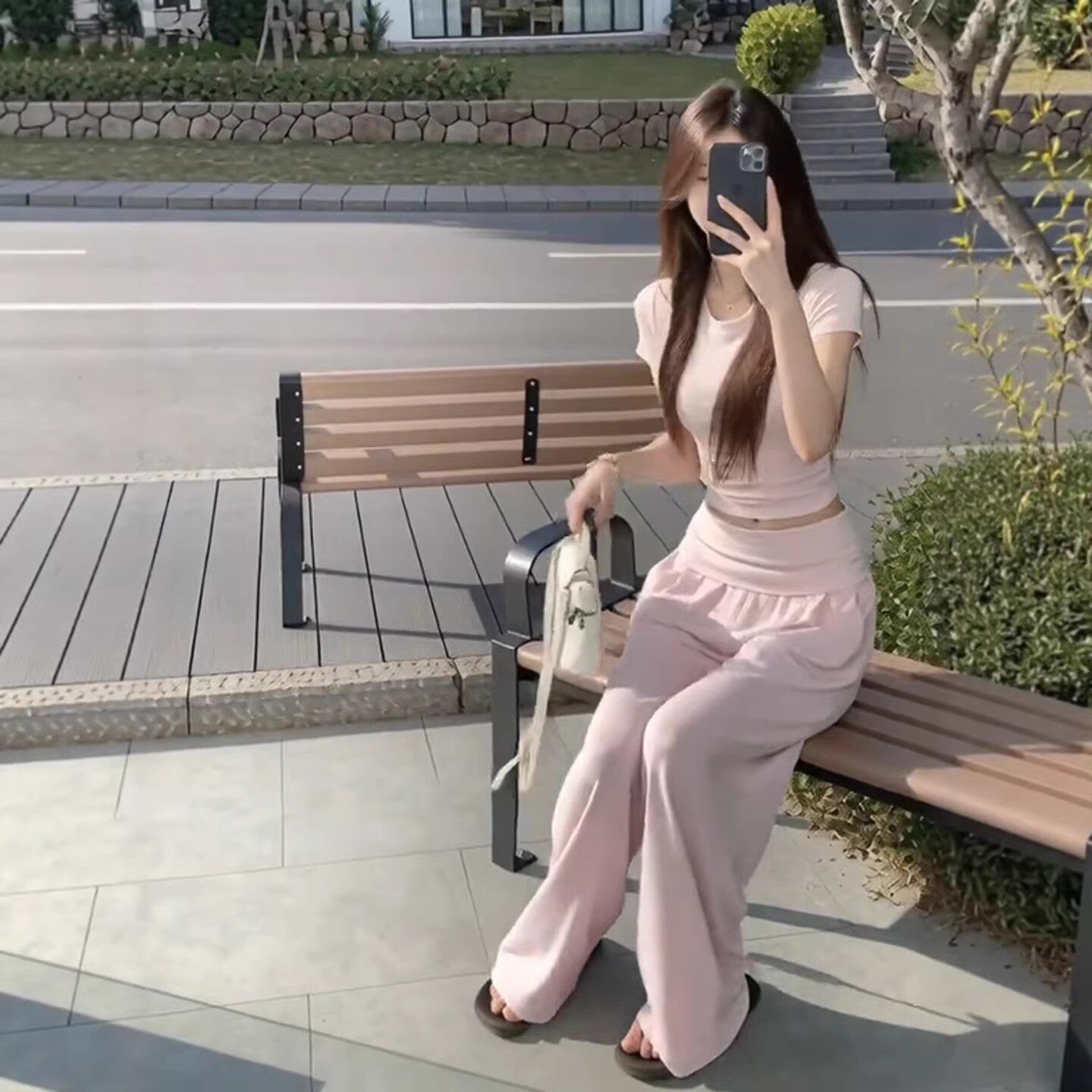 粉色裤子翻腰健身瑜伽裤女夏季高腰显瘦运动裤慵懒垂感直筒阔腿裤