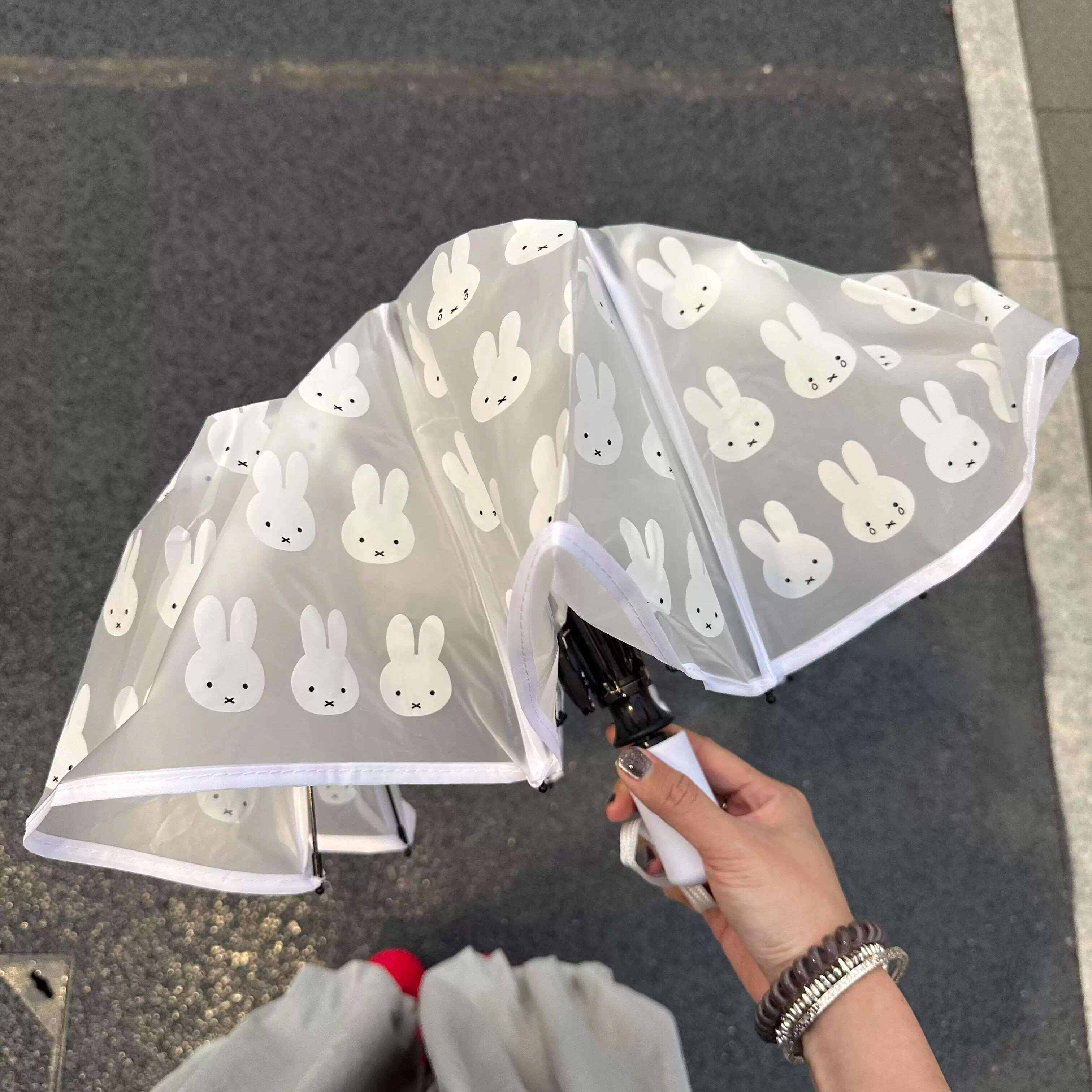 ins风可爱卡通小兔原单磨砂透明全自动晴雨伞可爱头雨伞简约清新