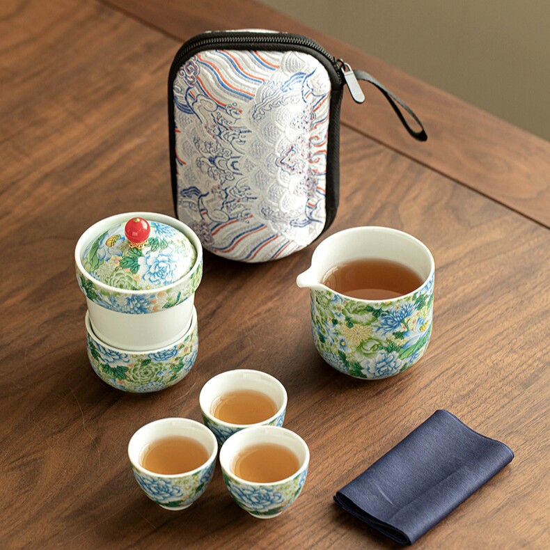锦绣牡丹快客杯便携式旅行茶具套装一壶四杯户外车载随身泡伴手礼