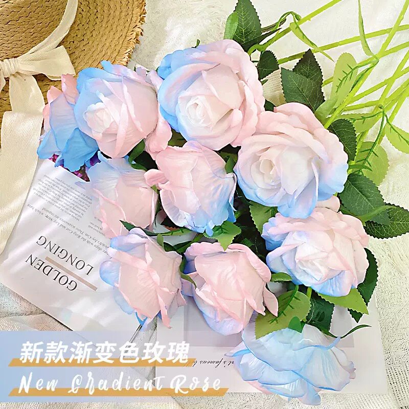 2026新款仿真花玫瑰花高级感逼真高端装饰造景优雅渐变色玫瑰婚礼