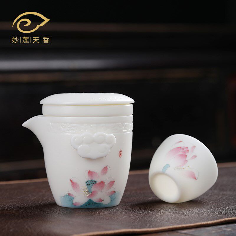 妙莲天香 可定制 手绘莲花祥云快客杯旅行茶具便捷户外茶具收纳包