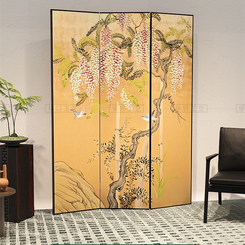 定制手绘花鸟金箔屏风银箔工艺漆画茶室空间卧室隔断可移动背景墙