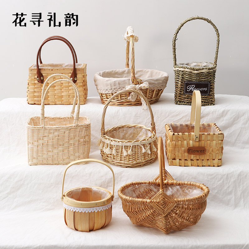 花篮手工编织鲜花包装藤编迷你手提篮子竹编小号花束插花花艺材料