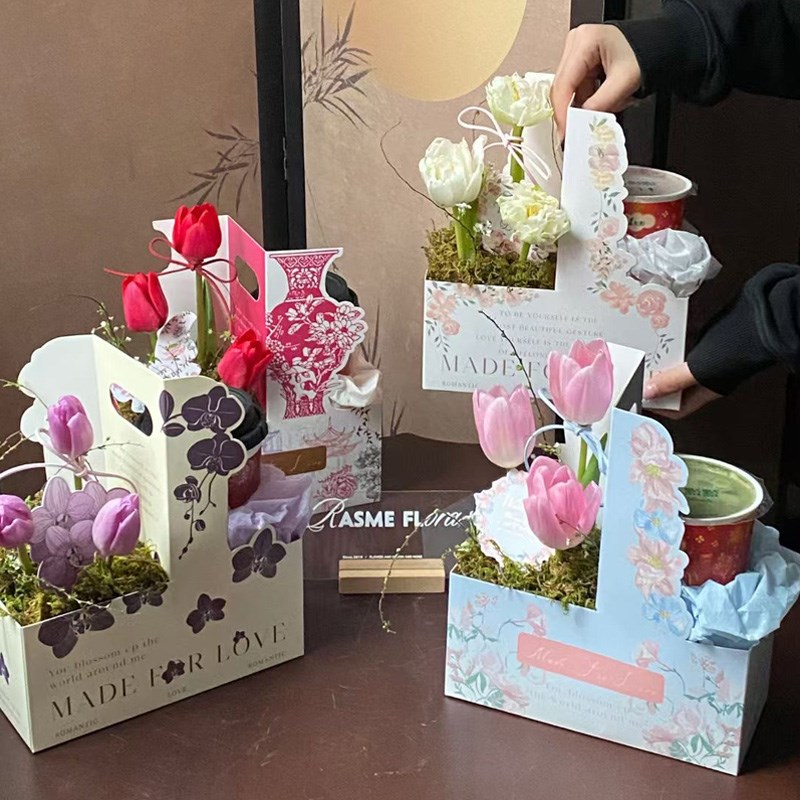 手提咖啡花盒奶茶鲜花包装礼盒花艺插花材料女神节手提花篮