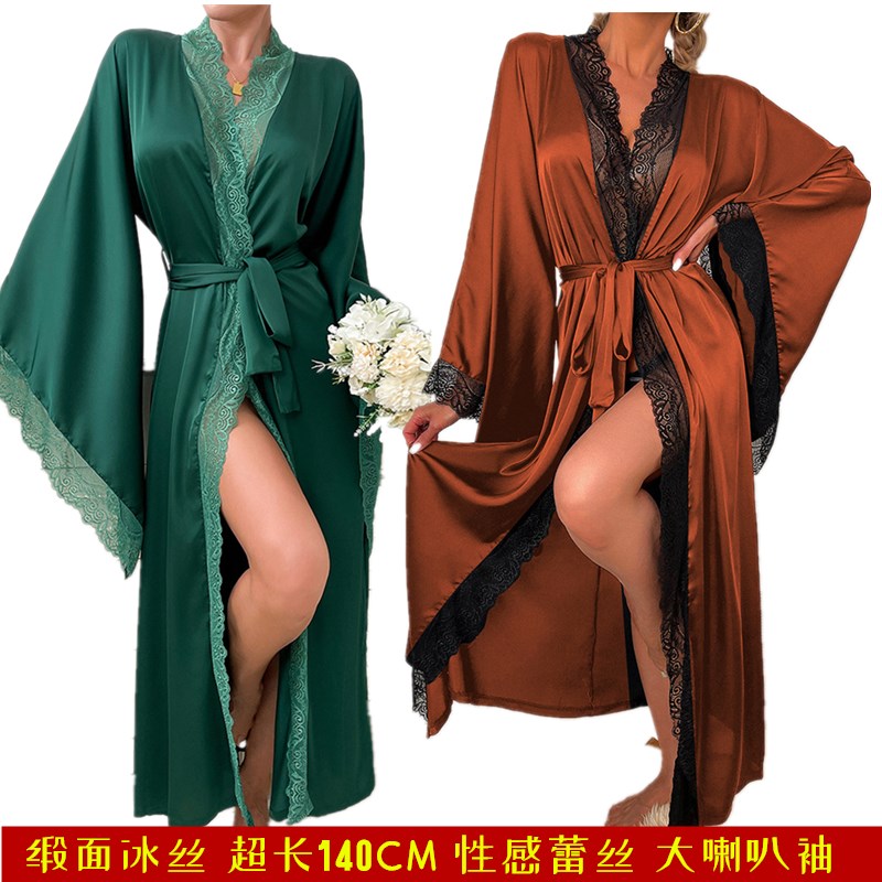 超长睡袍红色冰丝新娘晨袍蕾丝花边女长袖喇叭袖墨绿色伴娘团浴袍
