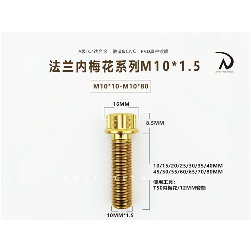 阿沛钛-钛合金螺丝m10P1.5牙系列 ,卡钳螺丝,A3头型螺丝,