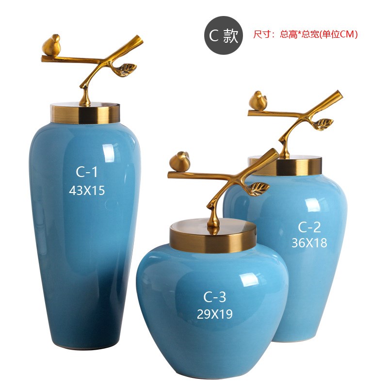 地中海蓝色带盖陶瓷三件套插花器样板房摆设居家装饰工艺品水培瓶