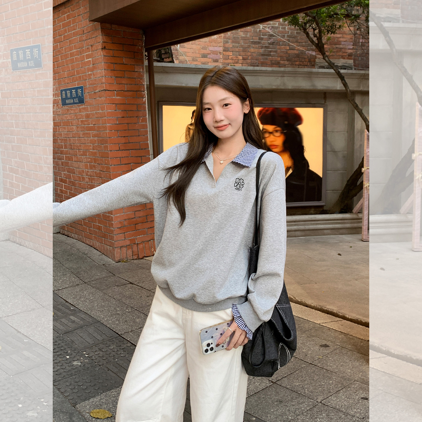 2026年新款学院风假两件格纹翻领卫衣女秋季刺绣小花宽松显瘦上衣