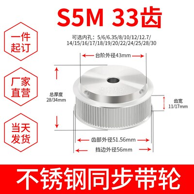 同步带轮S5M33齿宽11/17内孔5/6/8/10/14不锈钢304同步轮齿宽HTPS