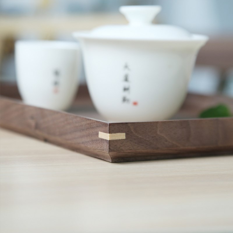 新中式黑胡桃木托盘榫卯结构长方形茶盘酒店端盘茶饮奶茶轻便木盘