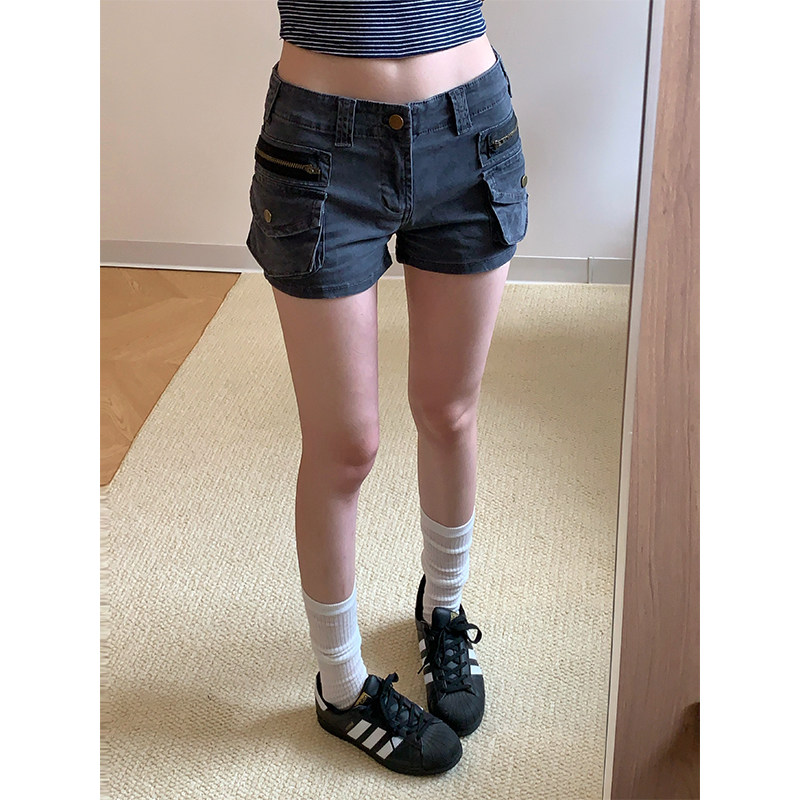 重工辣妹~身材管理工装口袋低腰水洗百搭显瘦牛仔短裤女夏季新款