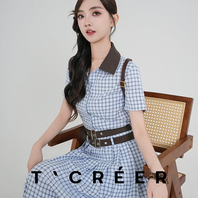 【内购会】T`CREER｜【飞泉鸣玉】韩系蓝色格子收腰显瘦中长款裙
