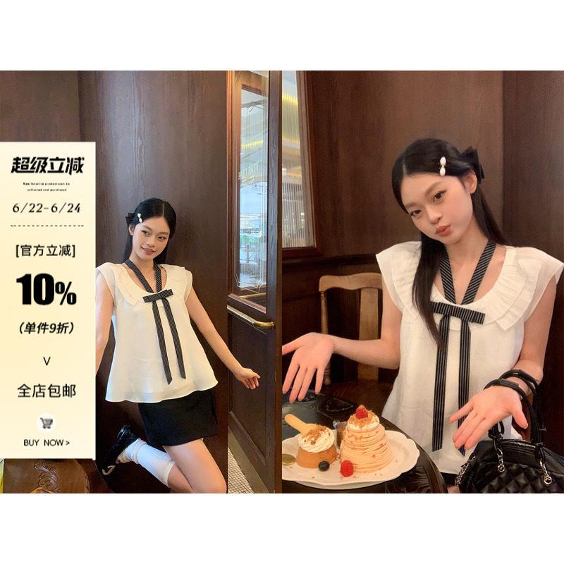宋正恩白色蝴蝶结短袖衬衫女夏季新款韩系设计宽松1/4吋套筒扳手