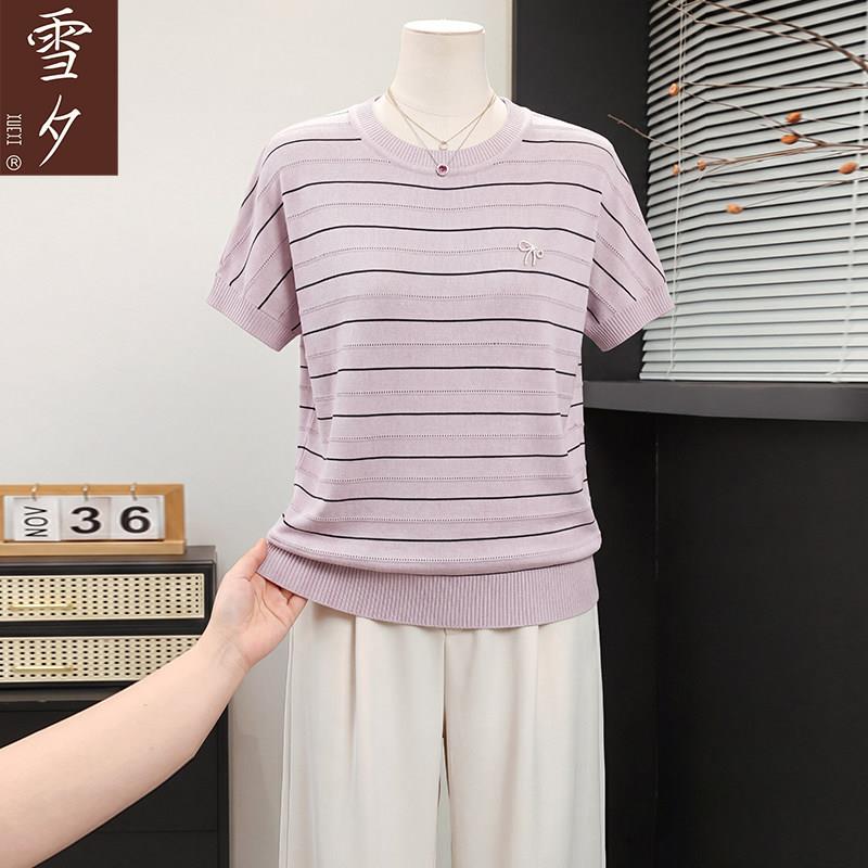 2026新款妈妈夏装条纹短袖冰丝小衫中老年女装大尺码针织上衣服洋