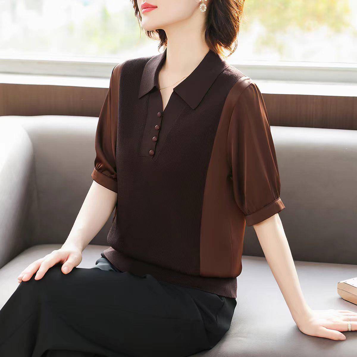 中年妈妈夏装冰丝翻领短袖T恤2026新款中老年女装夏季时尚上衣服