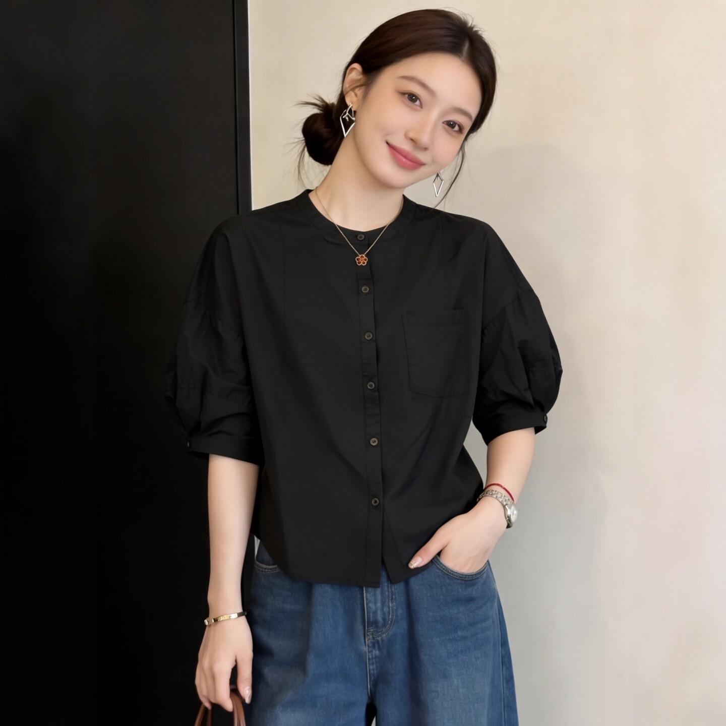 黑色短袖衬衫女款2026新款夏季法式独特漂亮巨好看女士衬衫上衣服