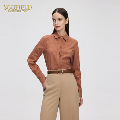 【scofield奥莱】女装英伦风飘带领衬衫廓形正肩格纹衬衣春夏