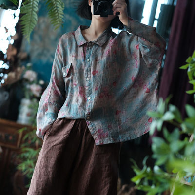 纯苎麻衬衫数码印花新款百搭复古