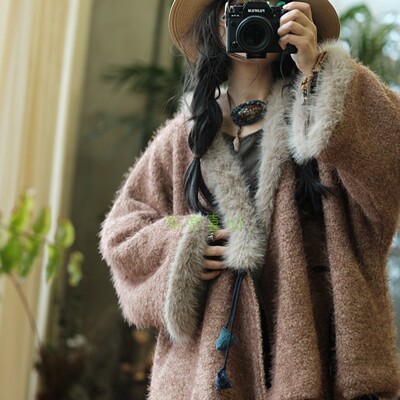 文艺复古毛毛夹棉长袖棉衣棉服女2261羊毛呢卡其
