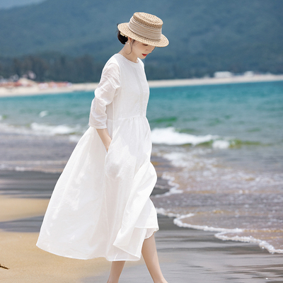 文艺大摆裙苎麻白色双层长裙