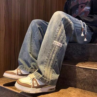 贴标条纹牛仔裤男2026年春季新款宽松阔腿长裤潮牌美式高街裤子