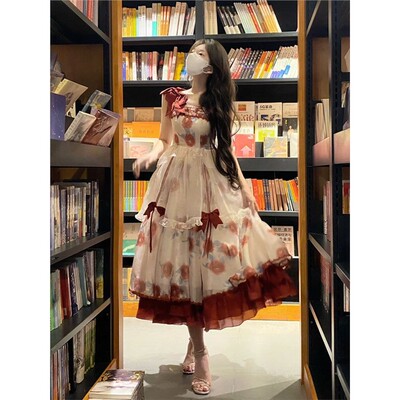 甜美lolita山茶花jsk大裙摆中长款裙子蝴蝶结印花别致感连衣裙女
