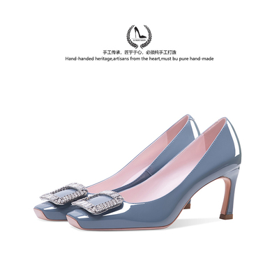 rv水钻方头名媛细跟真皮高跟鞋