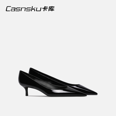 CASNSKU卡库 黑色漆皮高跟鞋细跟气质百搭中跟上班职业单鞋不磨脚