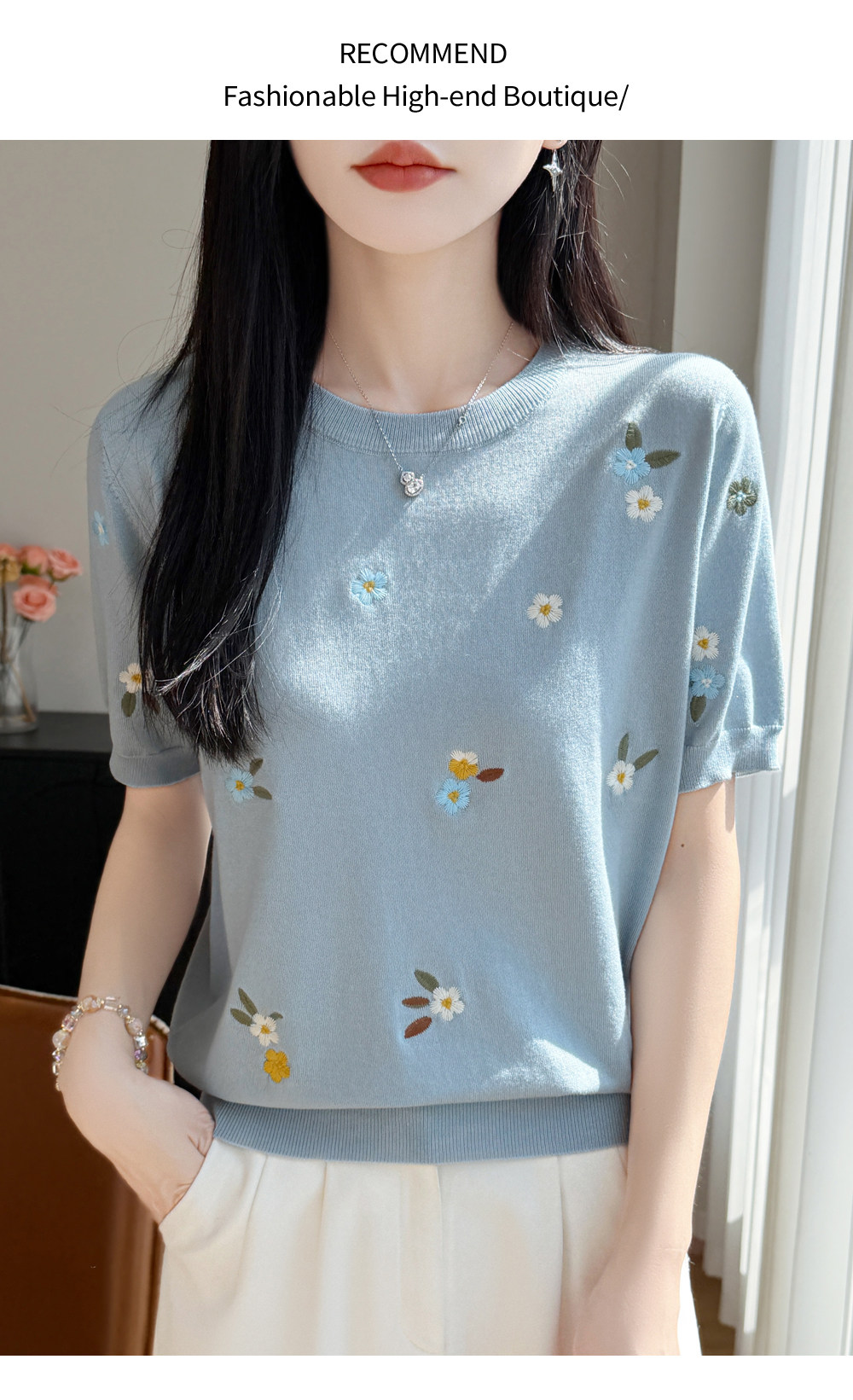 26夏春秋薄款圆领短袖针织衫上衣女毛衣刺绣小花背心套头半袖体恤