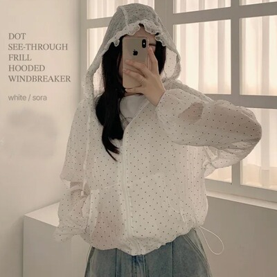 韩国波点连帽花边防晒衫外套