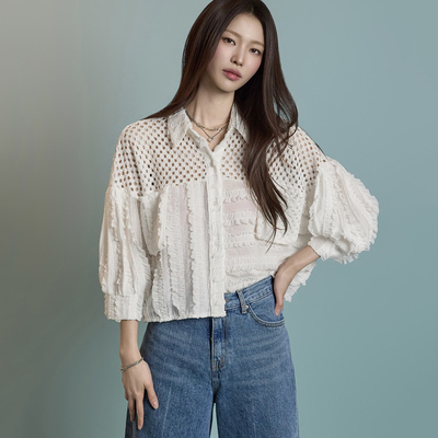 韩国网状拼接蕾丝镂空衬衫女小衫