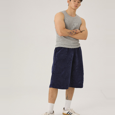 AaNn夏日度假风雪尔尼蓝色抽绳六分宽松慵懒大短裤