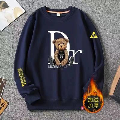 法国公鸡卫衣秋冬款加肥加大藏蓝印花加绒加厚圆领学生上衣男士潮