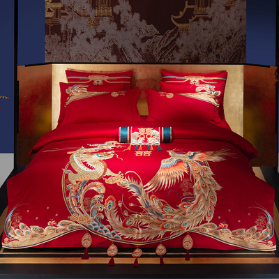 思辰家纺高端结婚四件套大红色龙凤刺绣高级感喜被婚庆十件套用品