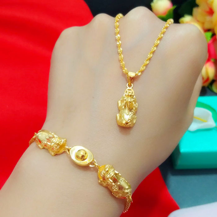 越南沙金貔貅手链女款欧币镀金手环仿真黄金铜钱貔貅项链久不掉色
