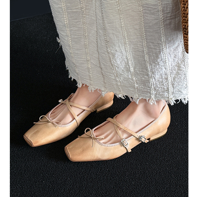 洋气水洗牛皮交叉扣带芭蕾舞单鞋