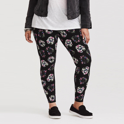瑕疵 180斤 春夏特加大码女骷髅印花95棉质弹力高腰打底长裤316