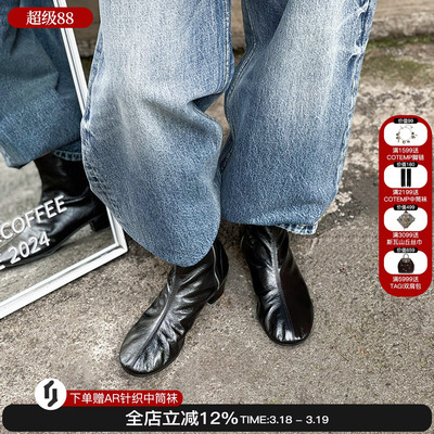 牛皮女拉链短靴低粗跟袜靴黑色