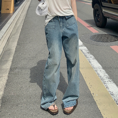 【5折】深蓝色水洗磨白宽松阔腿裤牛仔裤