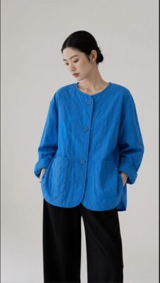 简约圆领薄款棉服女宽松大口袋外套通勤百搭轻量夹棉上衣85033
