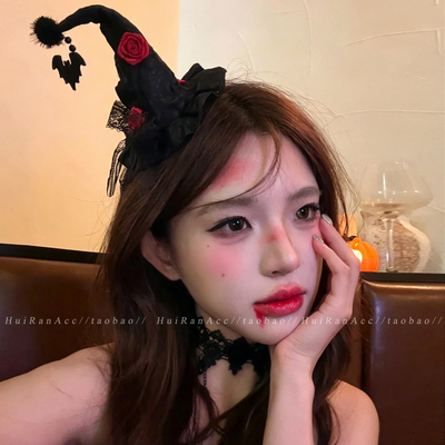 万圣节暗黑哥特风玫瑰女巫帽发夹