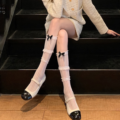 LookSocks薄款三层花边蝴蝶结绑带蕾丝小腿袜甜美少女网纱中筒袜