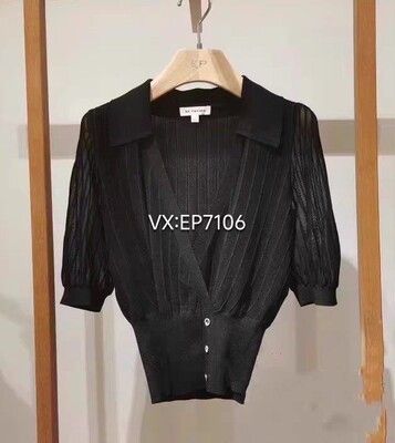 春夏款黑色交叠V领薄纱式中袖针织衫 EGIET9513A-2399
