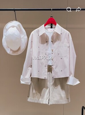 春夏款卡其色弹力棉截短条纹印花衬衫衬衣 EGKEQ2103C-1699