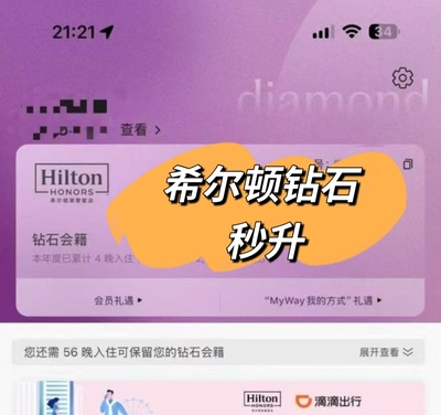 Hilton希尔顿钻石卡 秒升120天 挑战
