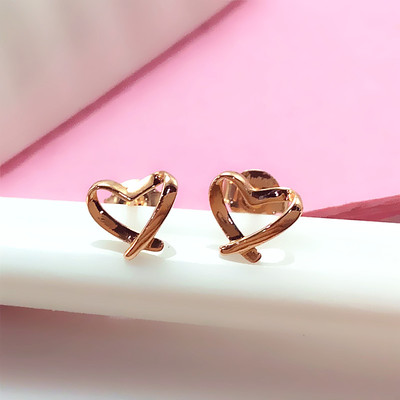 14K玫瑰金素金爱心耳钉